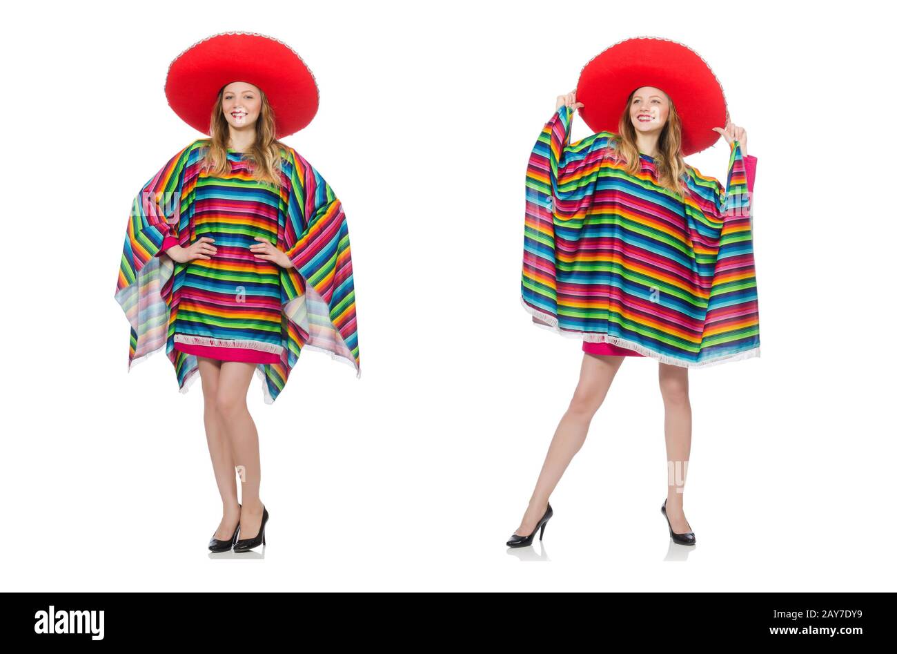 Pretty girl in mexican poncho isolated on white Stock Photo - Alamy