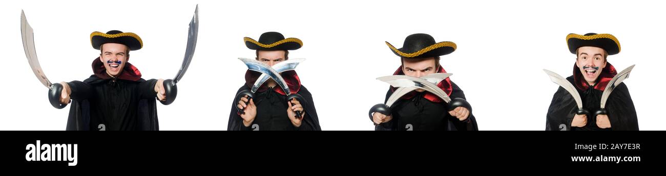 Young pirate holding sword isolated on white Stock Photo - Alamy