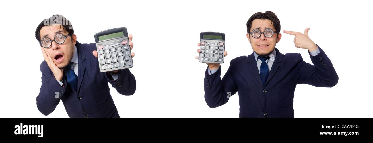 Funny man with calculator isolated on white Stock Photo - Alamy