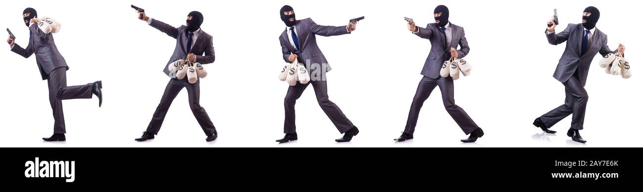 Gangster with bags of money on white Stock Photo - Alamy