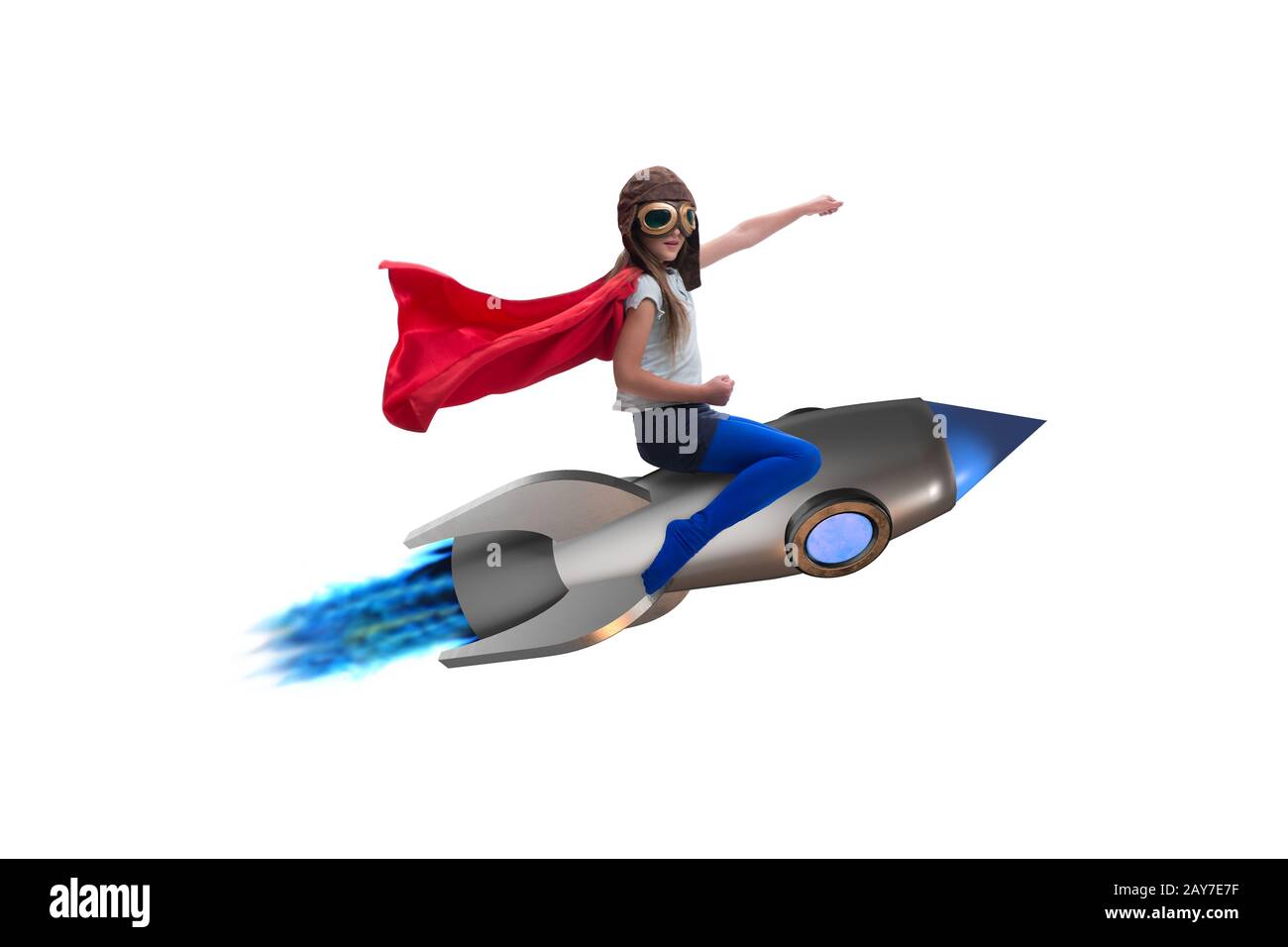 Little girl flying rocket in superhero concept Stock Photo - Alamy