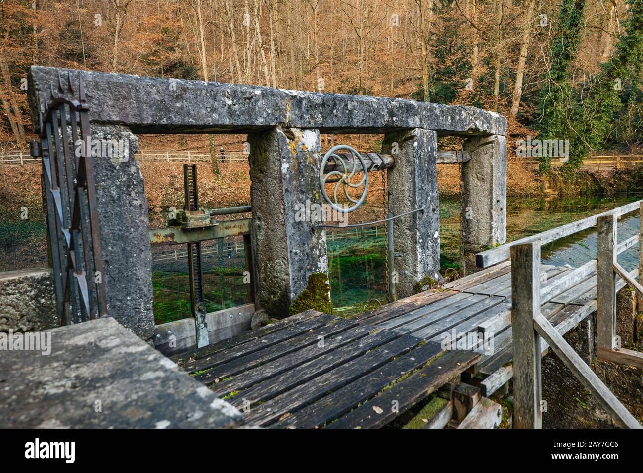 Old water gate for the hammermill at the karst spring 'Blautopf' in ...