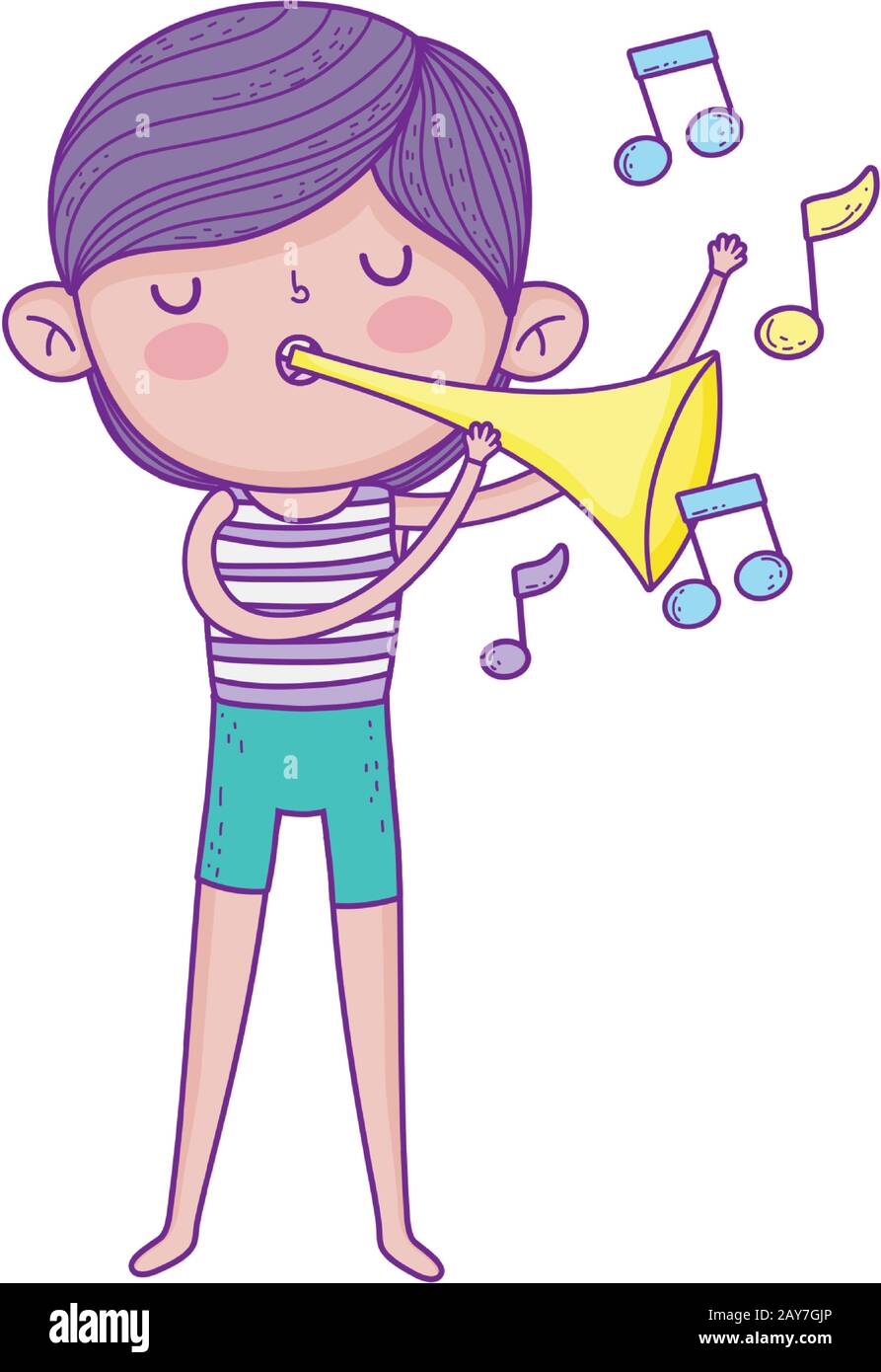 little musician boy playing music with trumpet cartoon vector ...