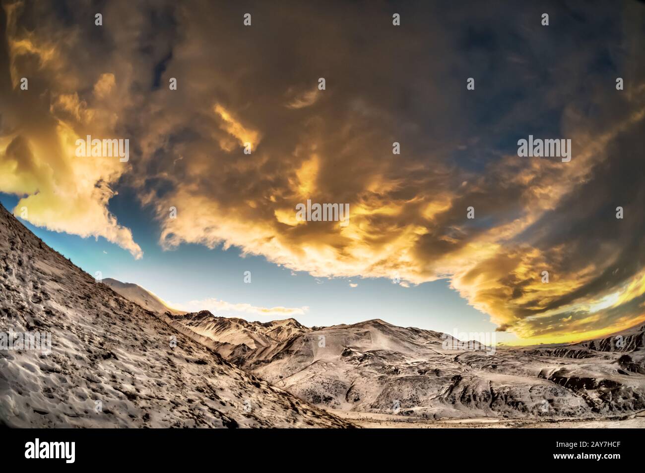 Beautiful landscape setting sun in the Caucasian mountains with low ...