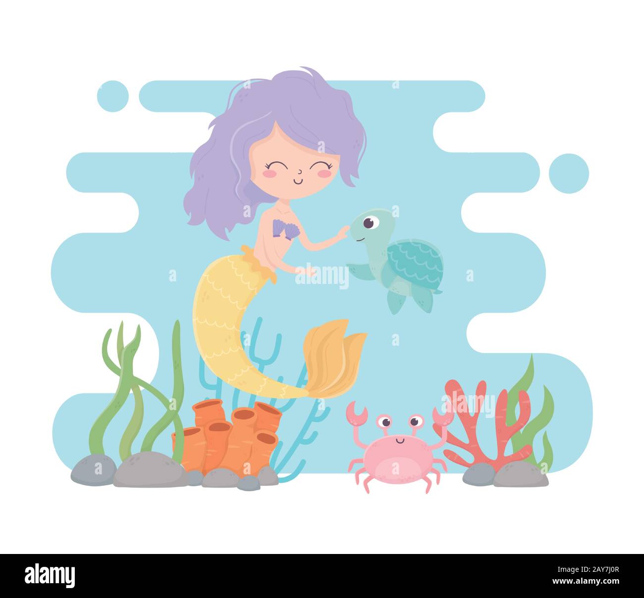 mermaid turtle crab coral reef rocks cartoon under the sea vector ...