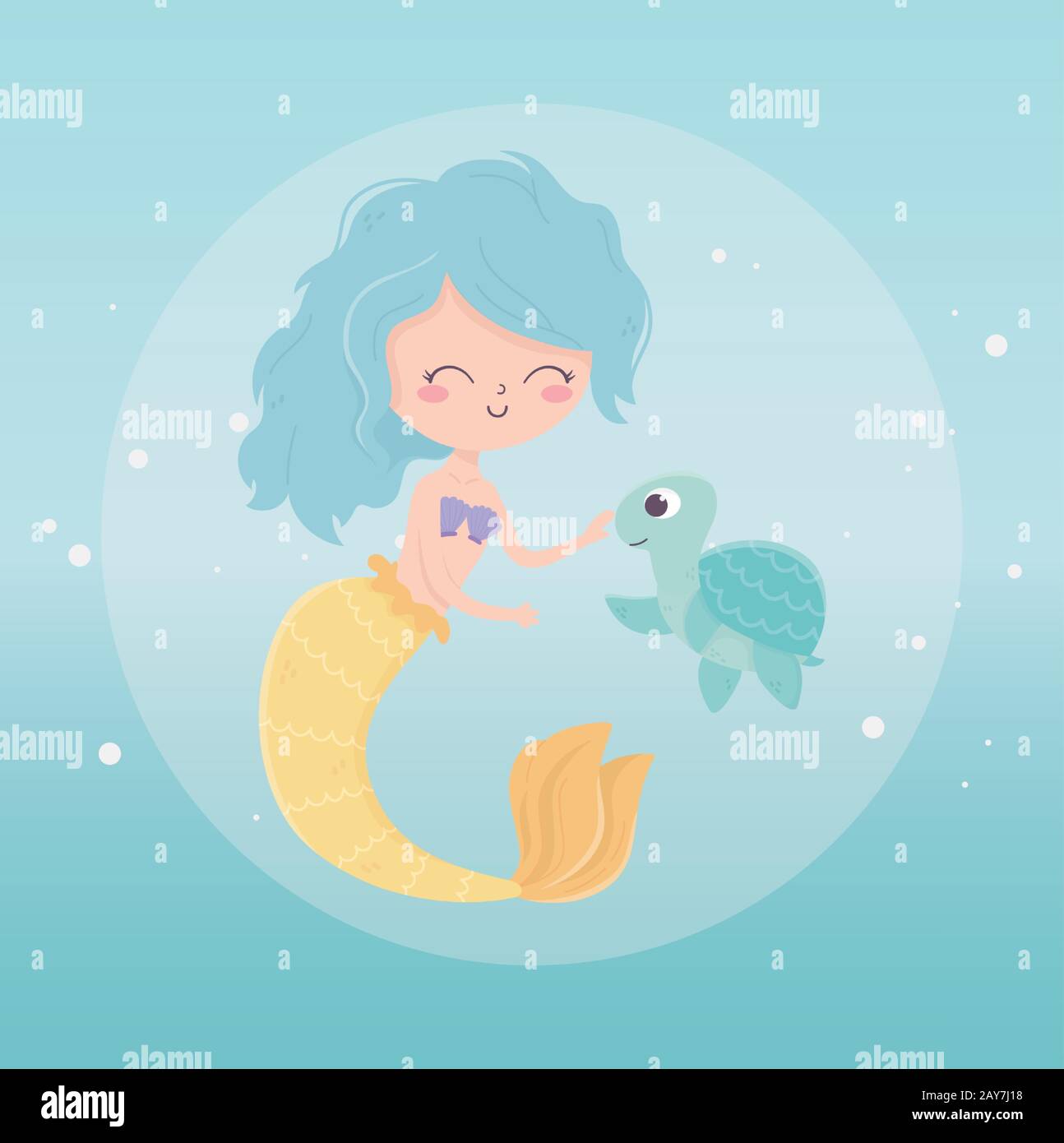 mermaid and turtle bubbles cartoon under the sea vector illustration ...
