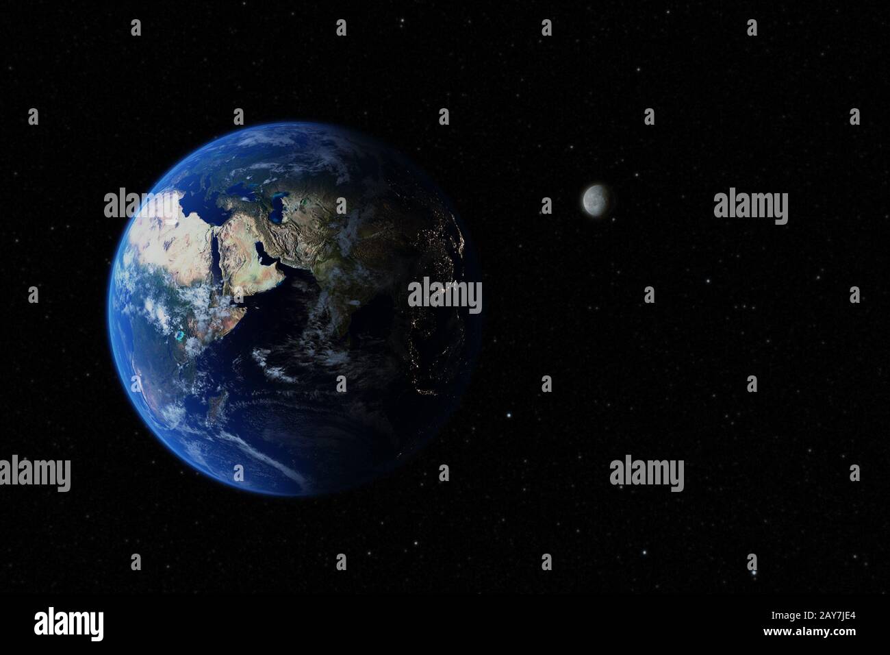 Planet Earth and Moon in the distance in outer space,Elements of this ...