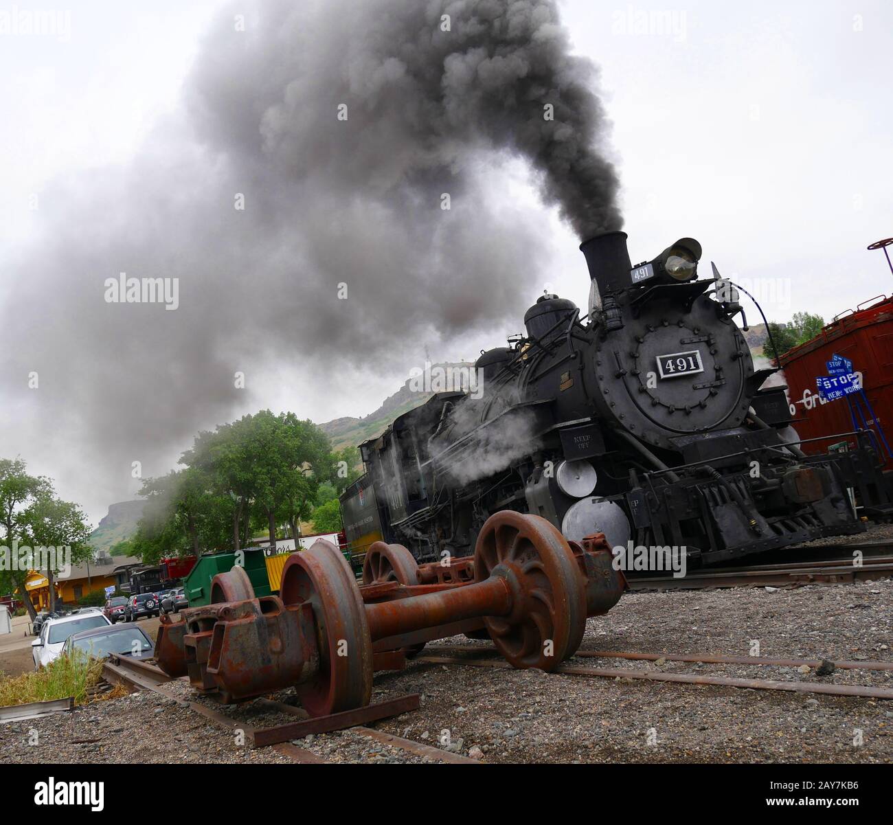 Steam locomotive and railcar of the museum railway hi-res stock ...
