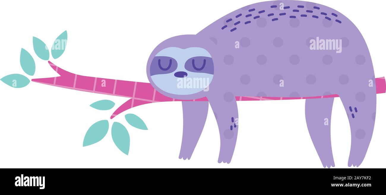 sloth sleeping on branch tree animal cartoon doodle color vector ...