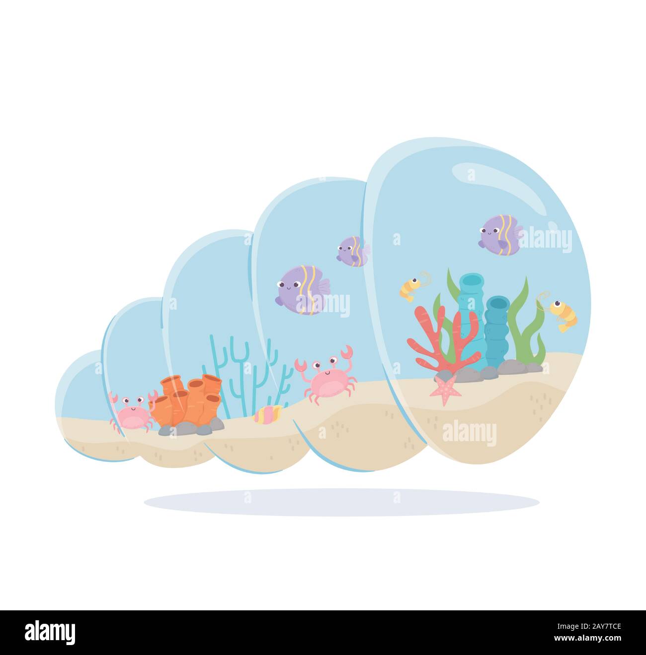fishes crab shrimp coral snail shell shaped aquarium under sea cartoon ...