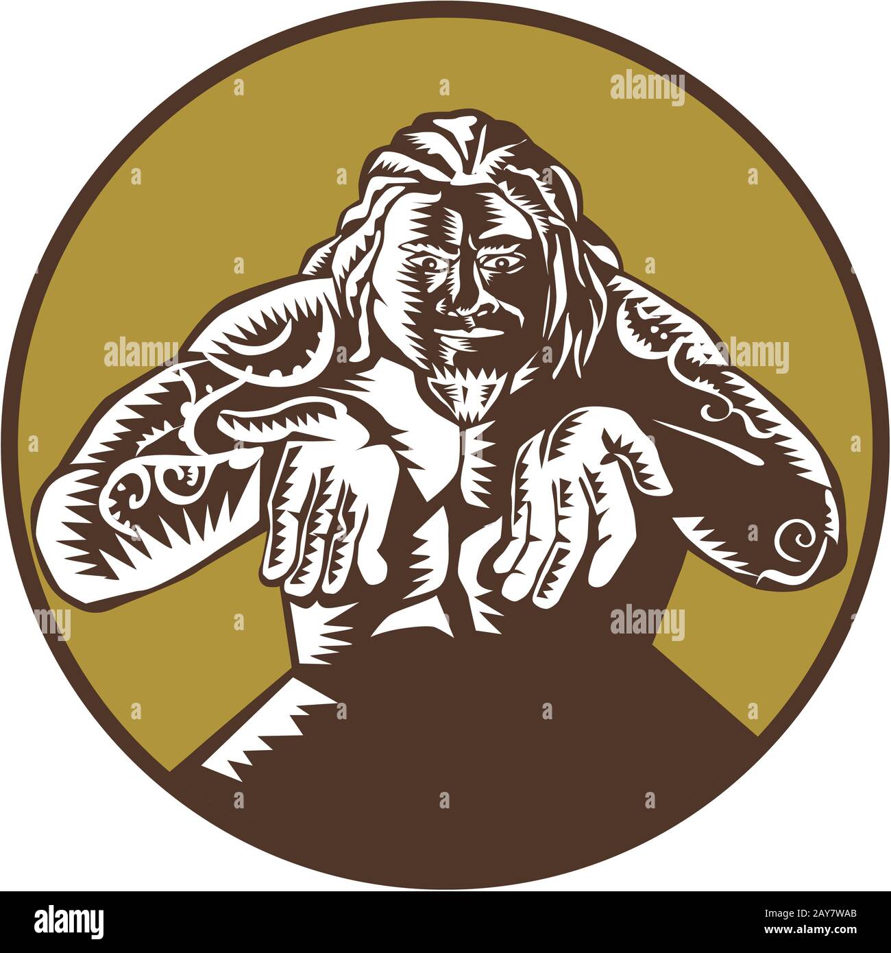 Samoan God Tagaloa Arms Out Circle Woodcut Stock Photo - Alamy