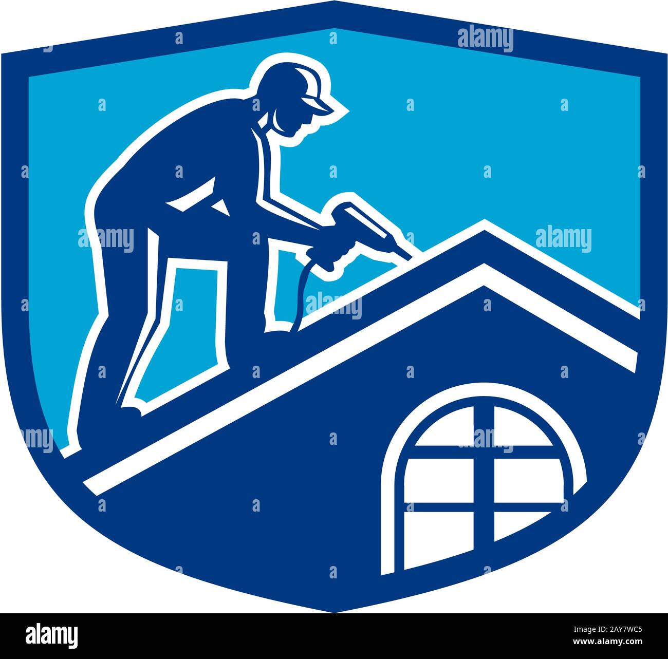 Roofer Construction Worker Working Shield Retro Stock Photo - Alamy