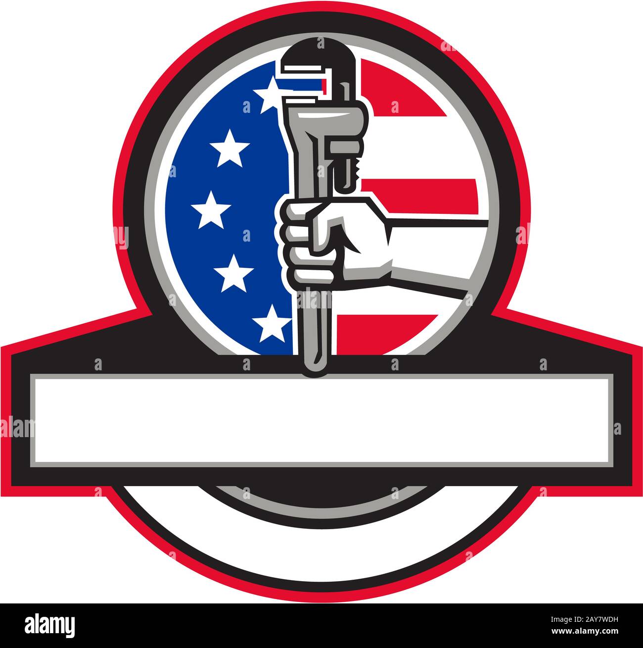 Plumber Hand Holding Pipe Wrench Flag Circle Banner Retro Stock Photo ...
