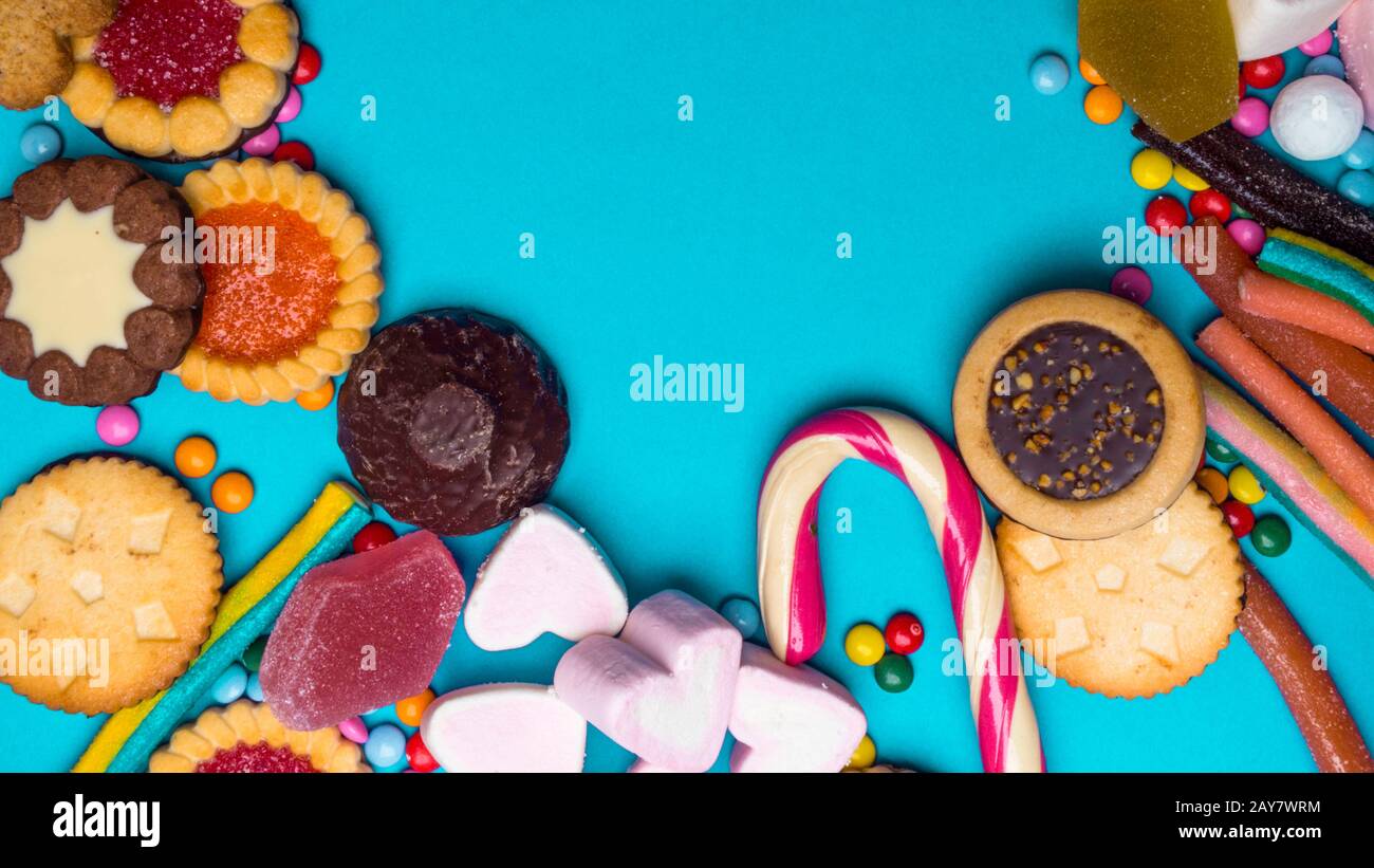 candy background, assortment of colorful candy, mixed unhealthy candies ...