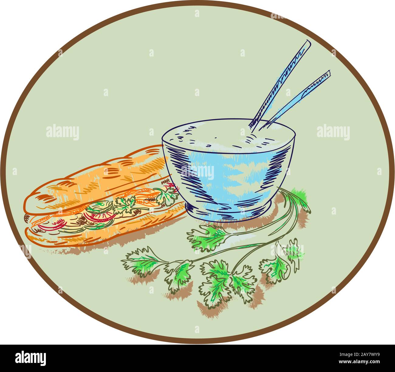 Bánh Mì Sandwich and Rice Bowl Drawing Stock Photo - Alamy
