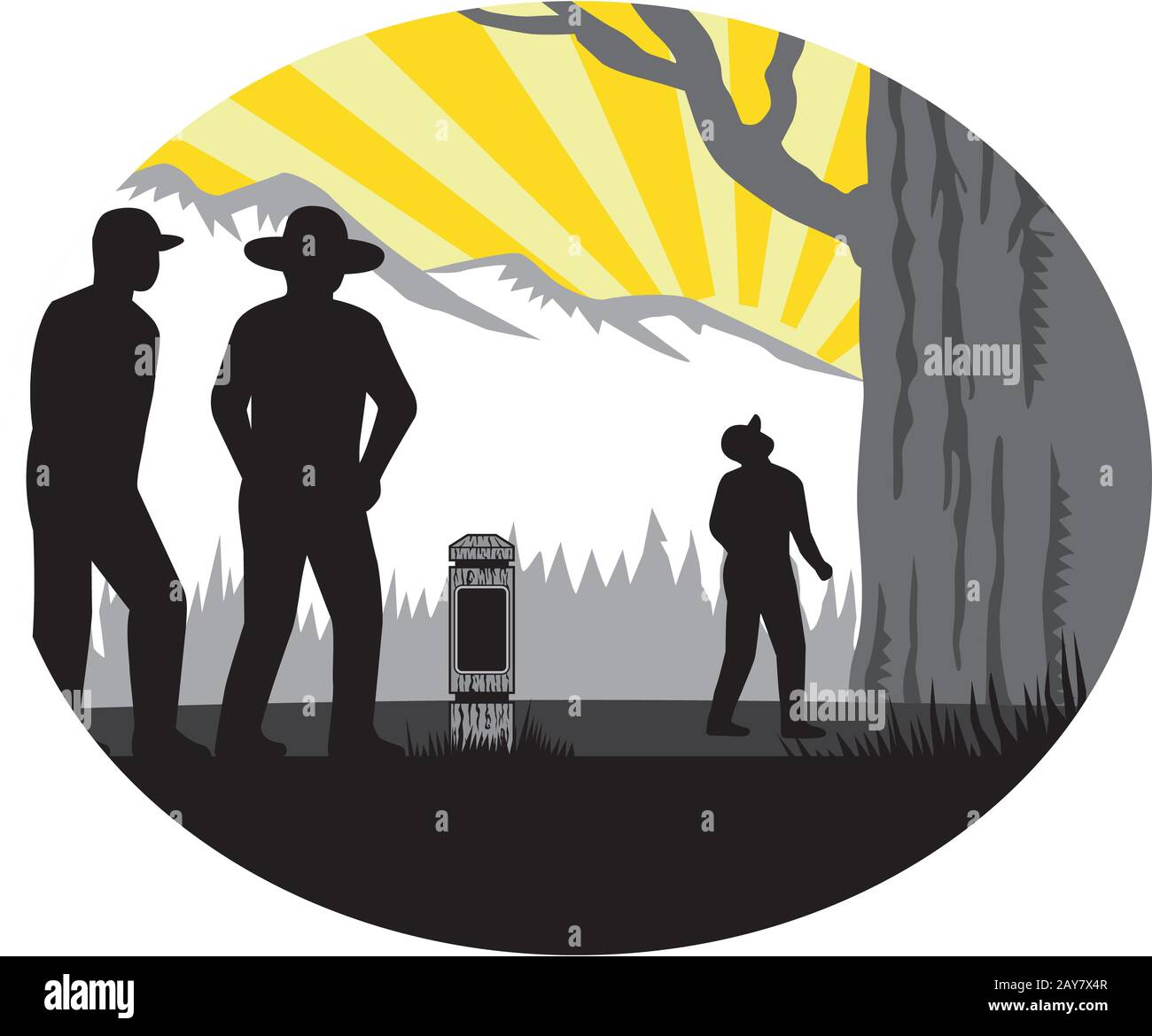 Trampers Mile Marker Giant Tree Oval Woodcut Stock Photo - Alamy