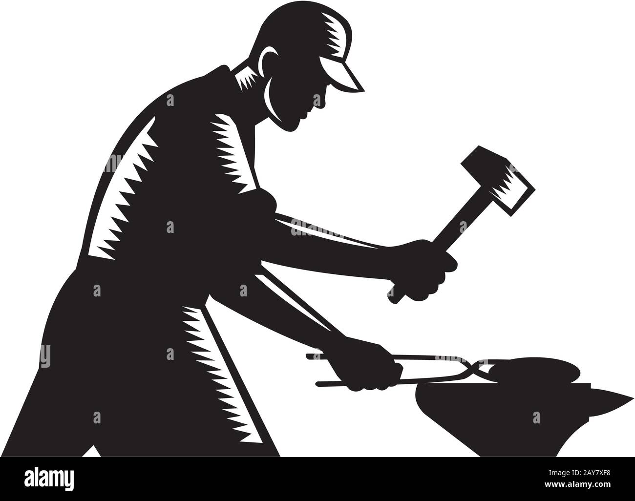 Blacksmith Worker Forging Iron Black and White Woodcut Stock Photo - Alamy