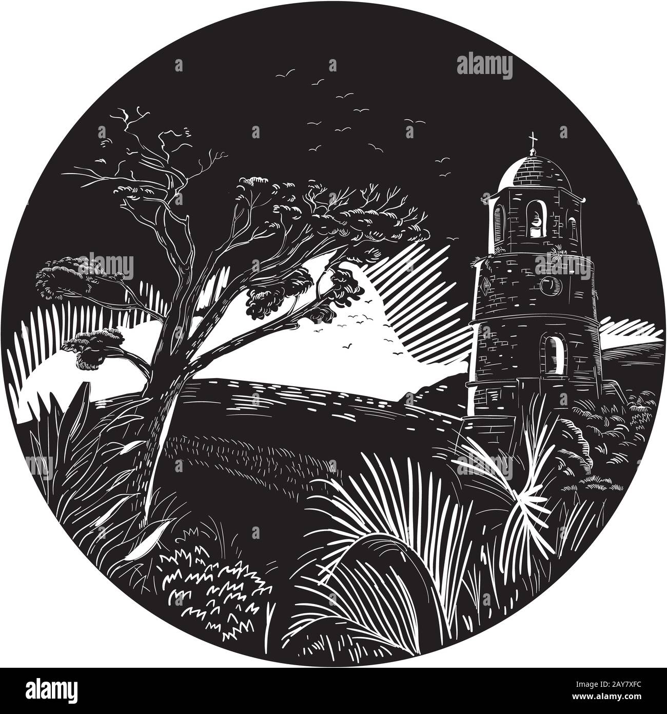 Belfry Tower On Hill Trees Circle Woodcut Stock Photo - Alamy