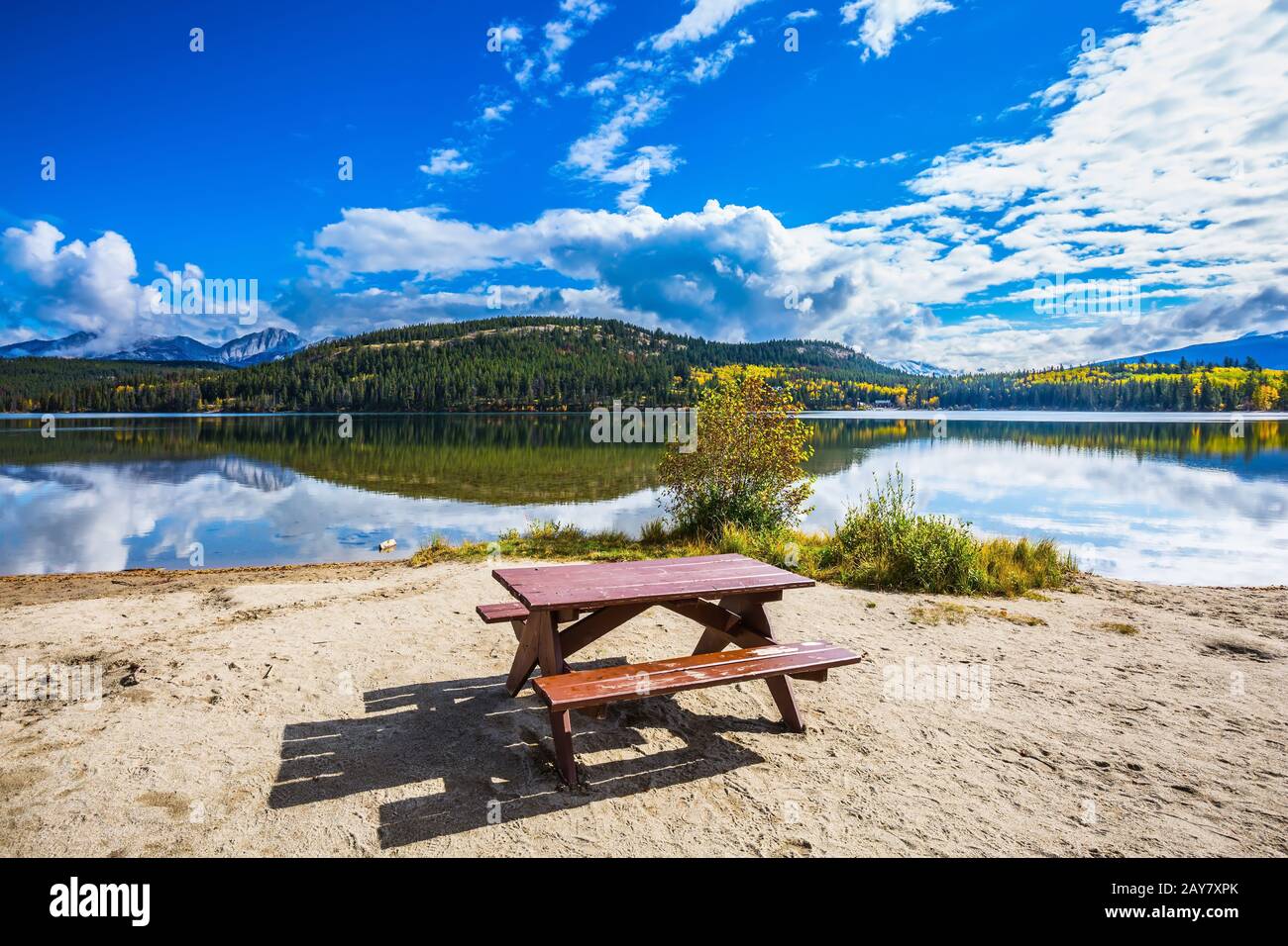 On the shore - table and benches for picnic Stock Photo - Alamy