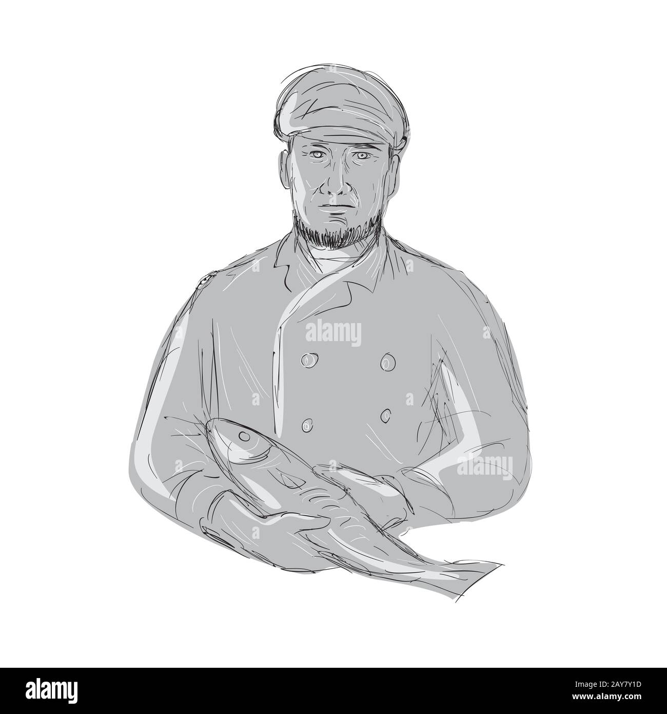 Vintage Fishmonger Holding Fish Drawing Stock Photo - Alamy