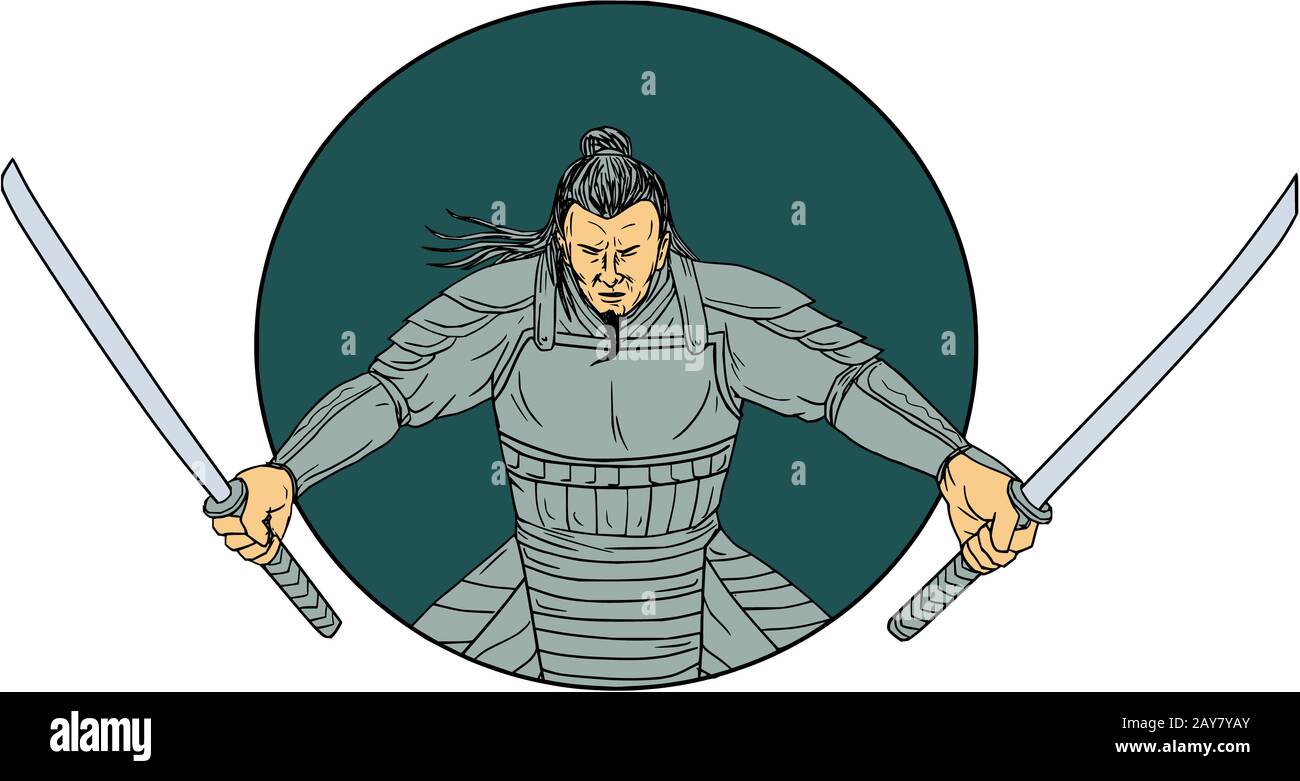Samurai Warrior Wielding Two Swords Oval Drawing Stock Photo - Alamy