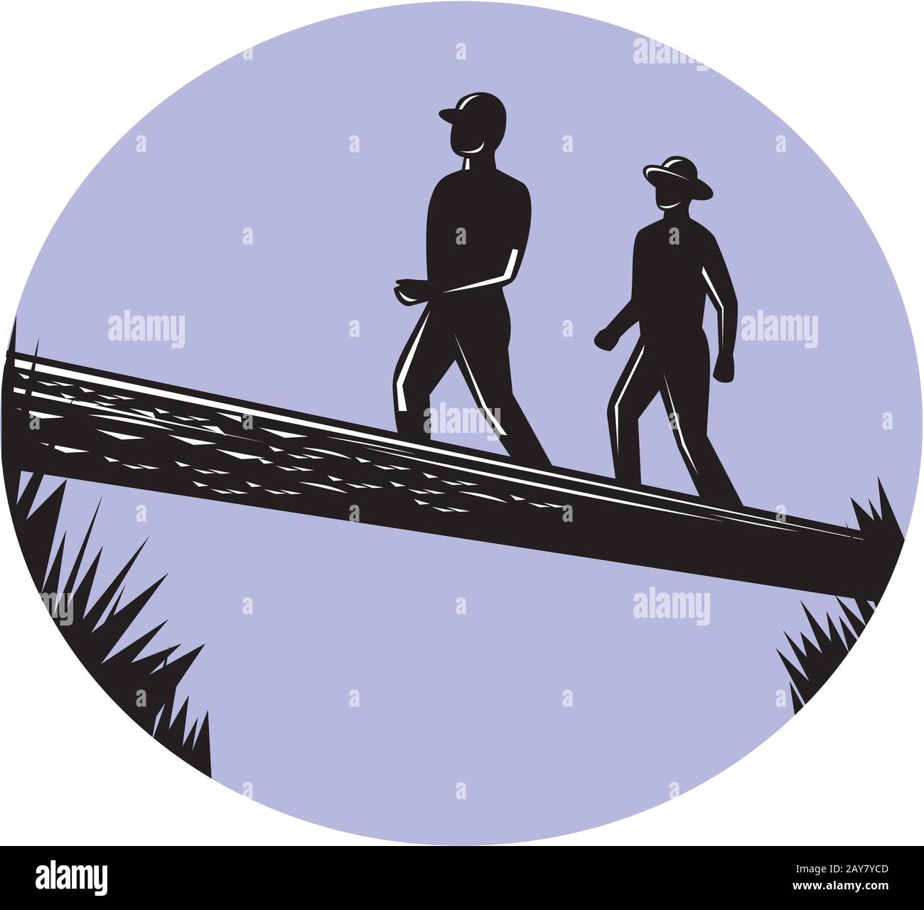 Hikers Crossing Single Log Bridge Oval Woodcut Stock Photo - Alamy