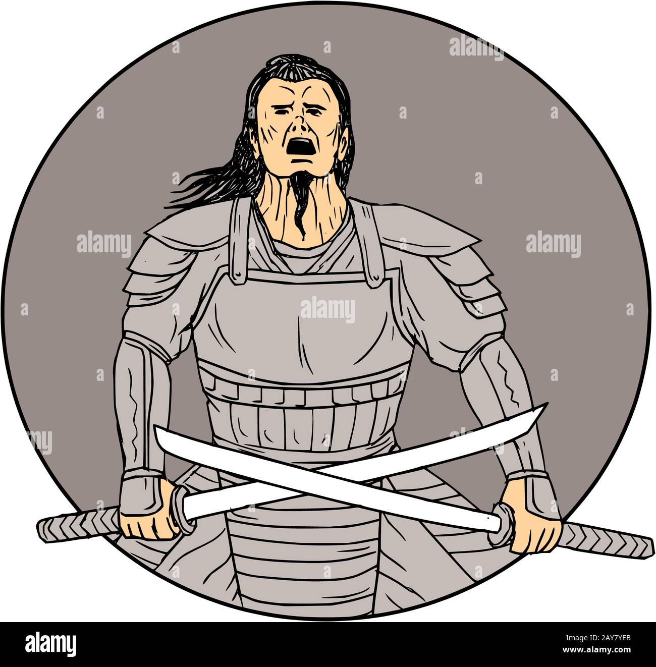 Angry Samurai Warrior Crossing Swords Oval Drawing Stock Photo - Alamy