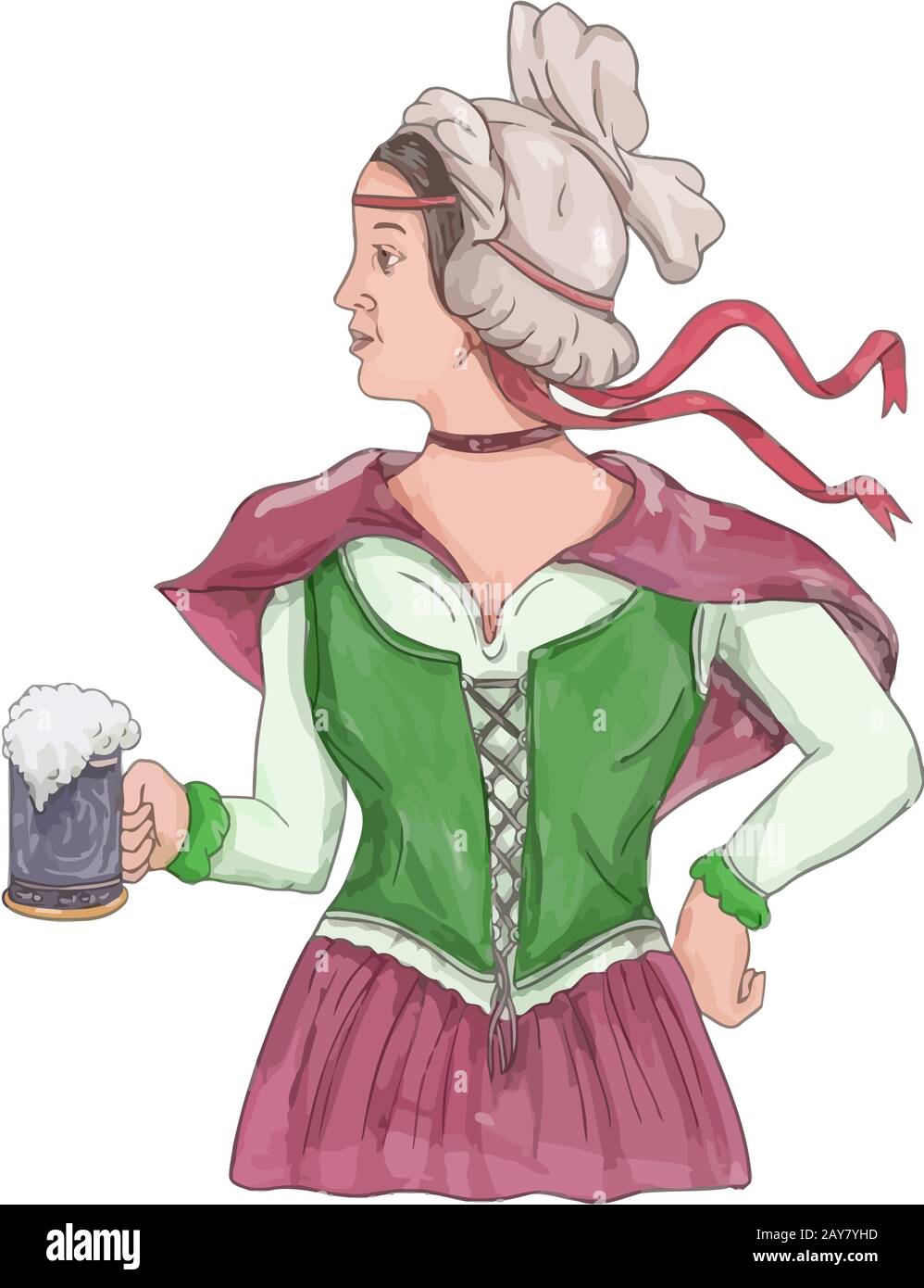 German Barmaid Serving Beer Watercolor Stock Photo - Alamy