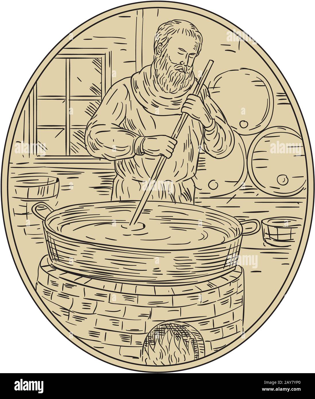 Medieval Monk Brewing Beer Oval Drawing Stock Photo - Alamy