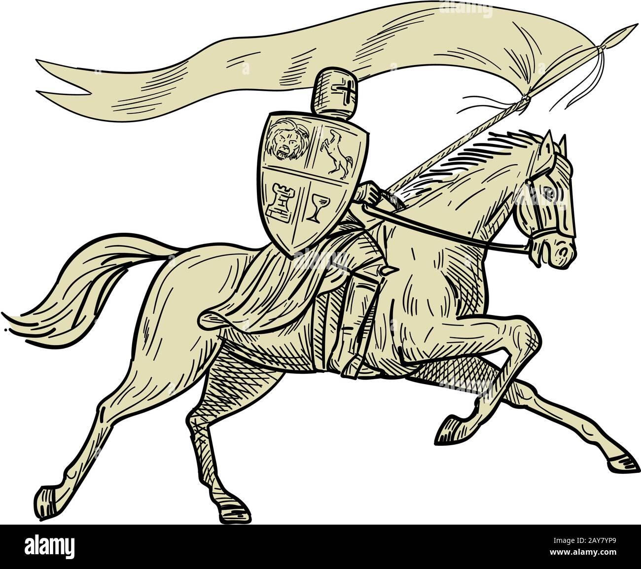 Knight Riding Horse Shield Lance Flag Drawing Stock Photo - Alamy