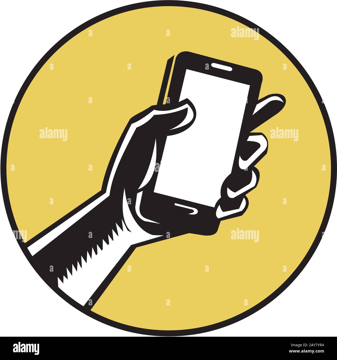 Hand Holding Smartphone Circle Woodcut Stock Photo - Alamy