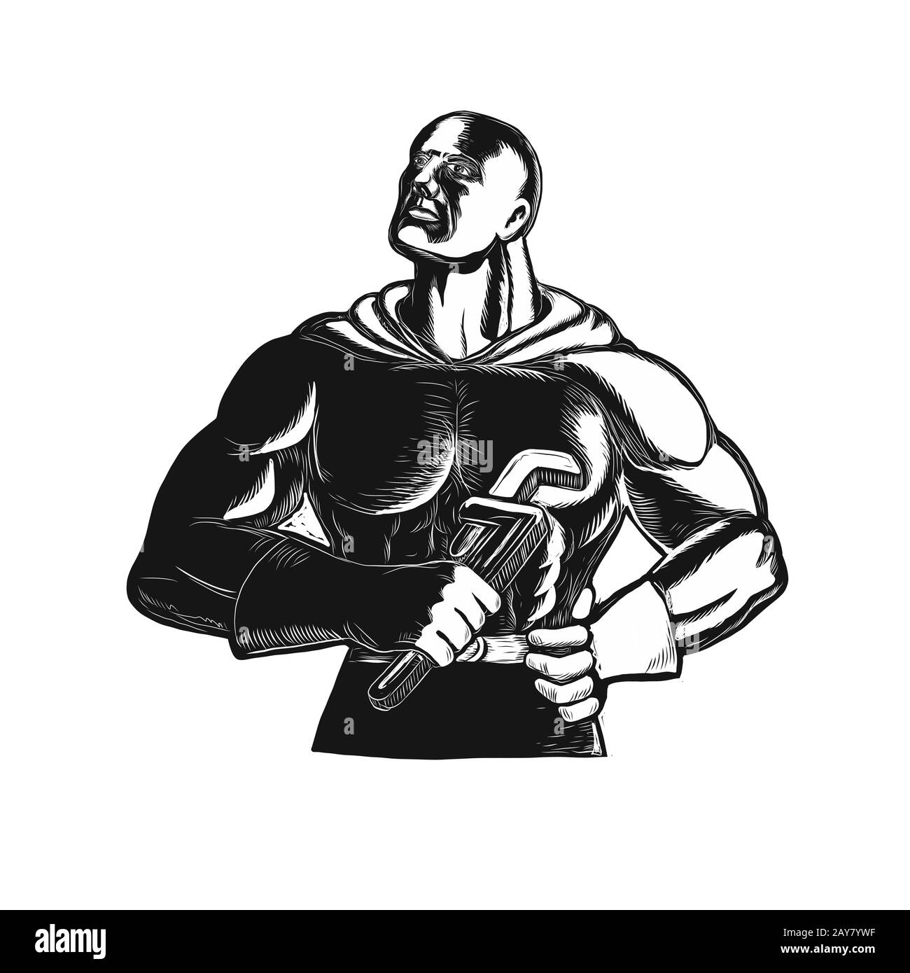 Superhero plumber with wrench woodcut hi-res stock photography and ...