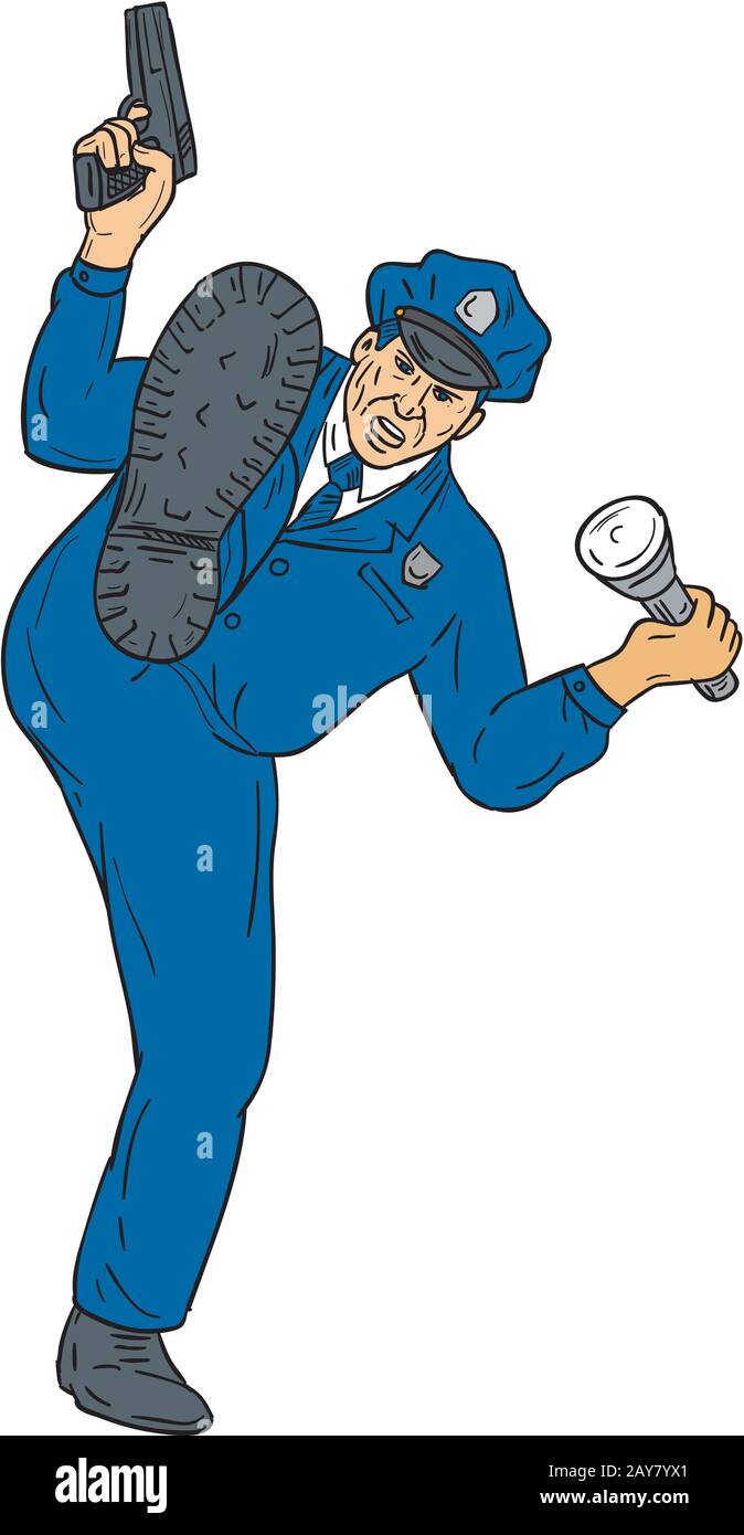 Policeman Gun Flashlight Torch Kicking Drawing Stock Photo - Alamy