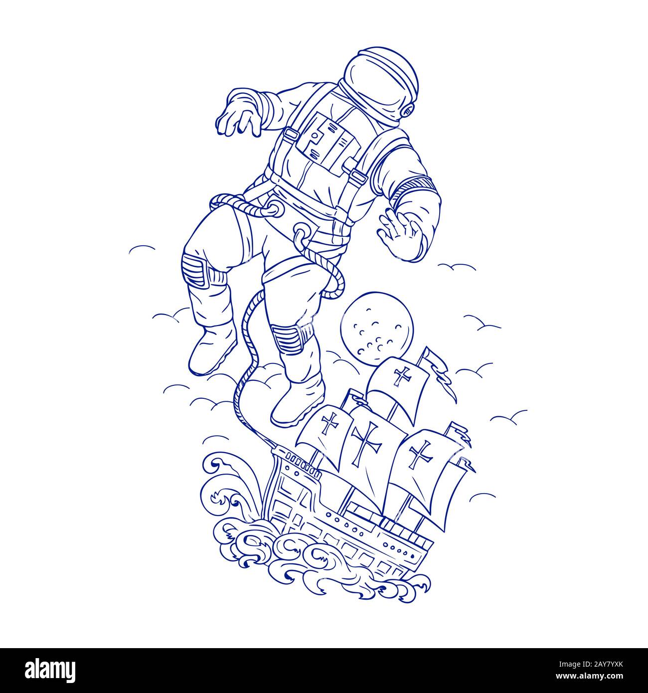 Astronaut Tethered Caravel Ship Drawing Stock Photo - Alamy