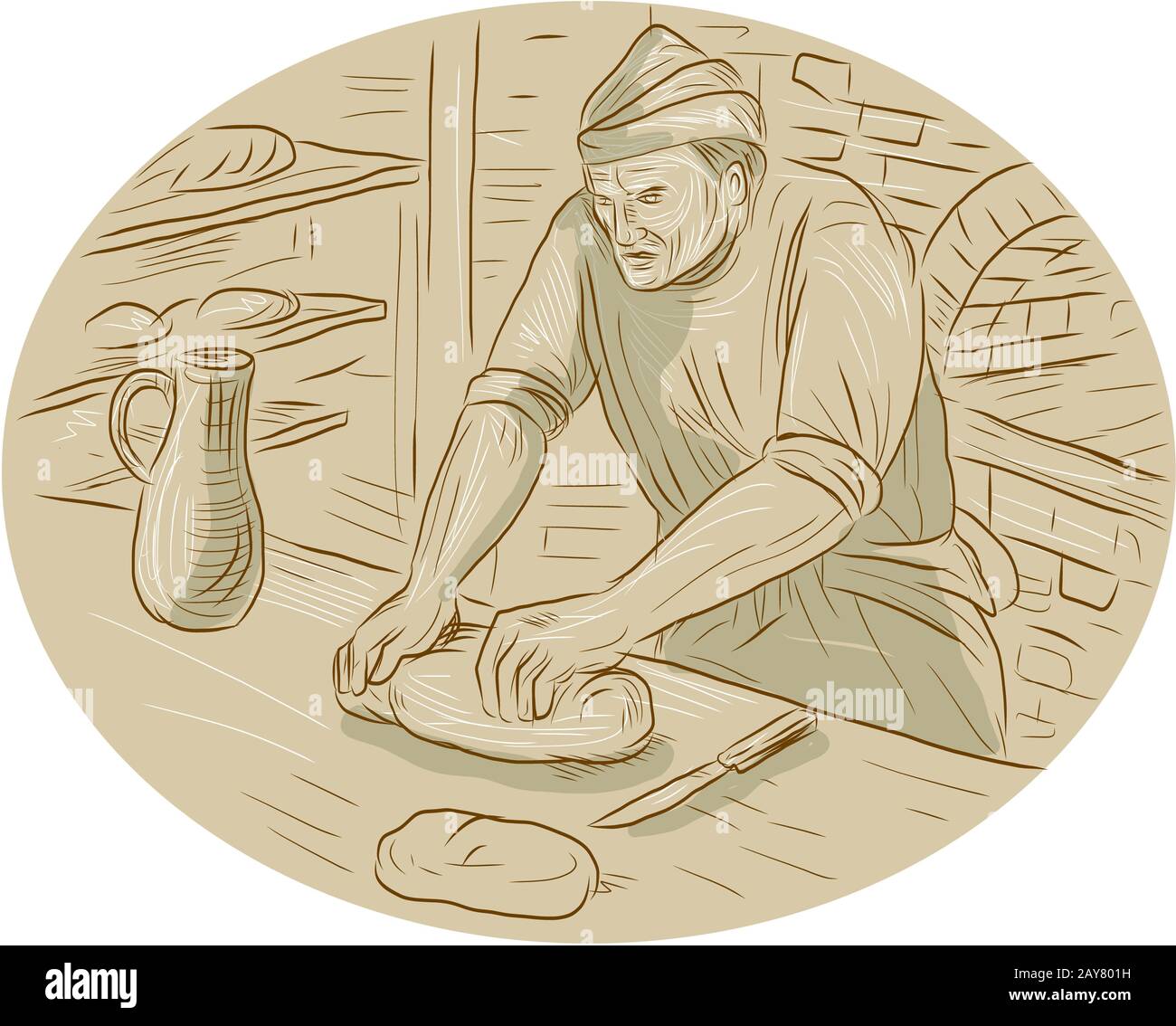 Medieval Baker Kneading Bread Dough Oval Drawing Stock Photo - Alamy