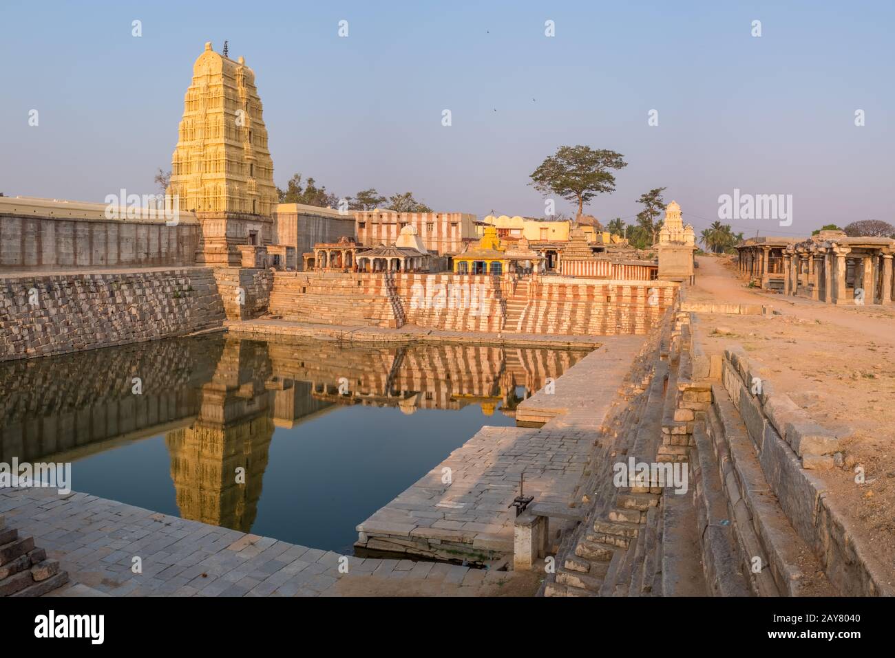 Renovated temple reflecting in a pool, taken at sunset with no ...