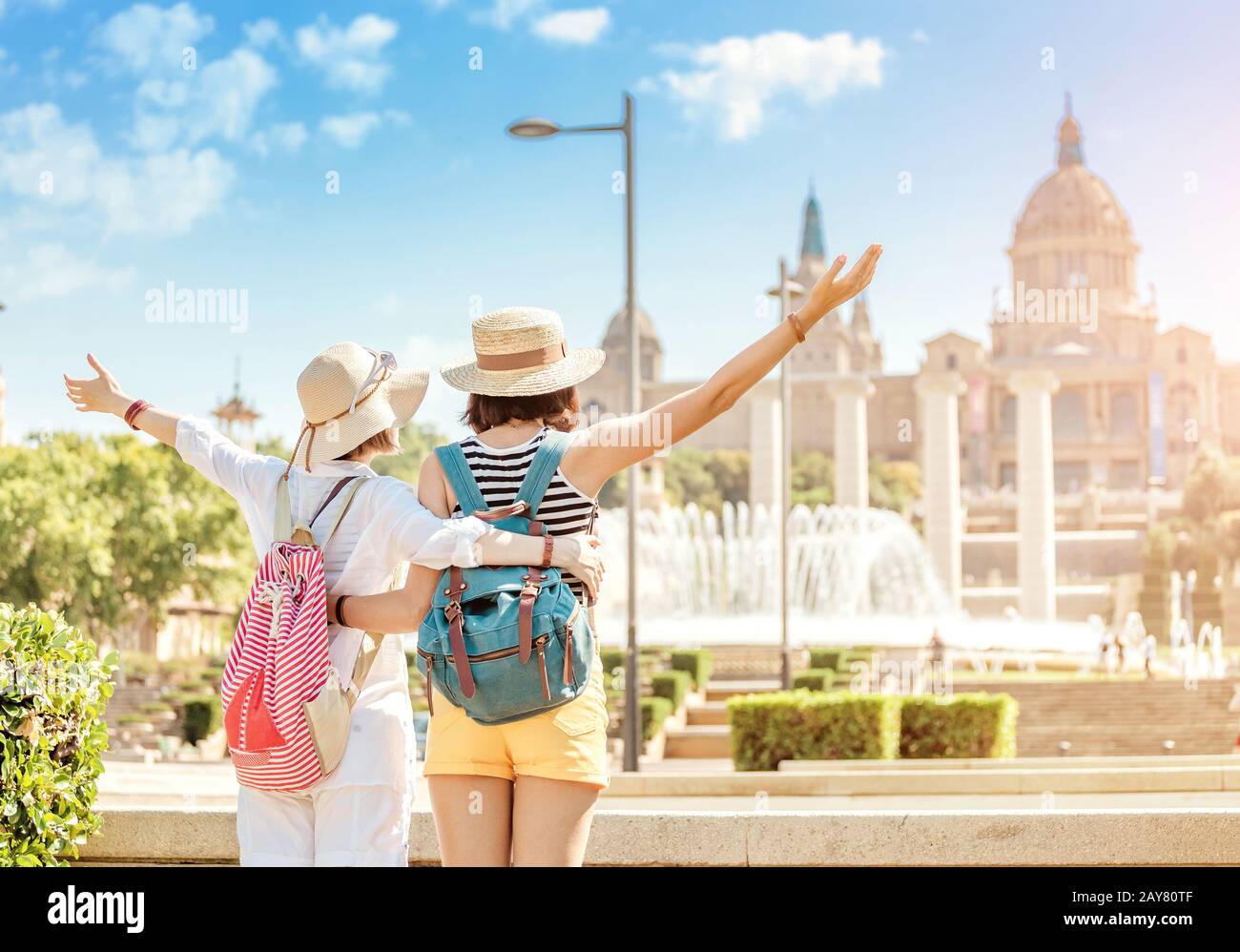 Two young happy women tourists friends travel in Barcelona, Spain Stock ...