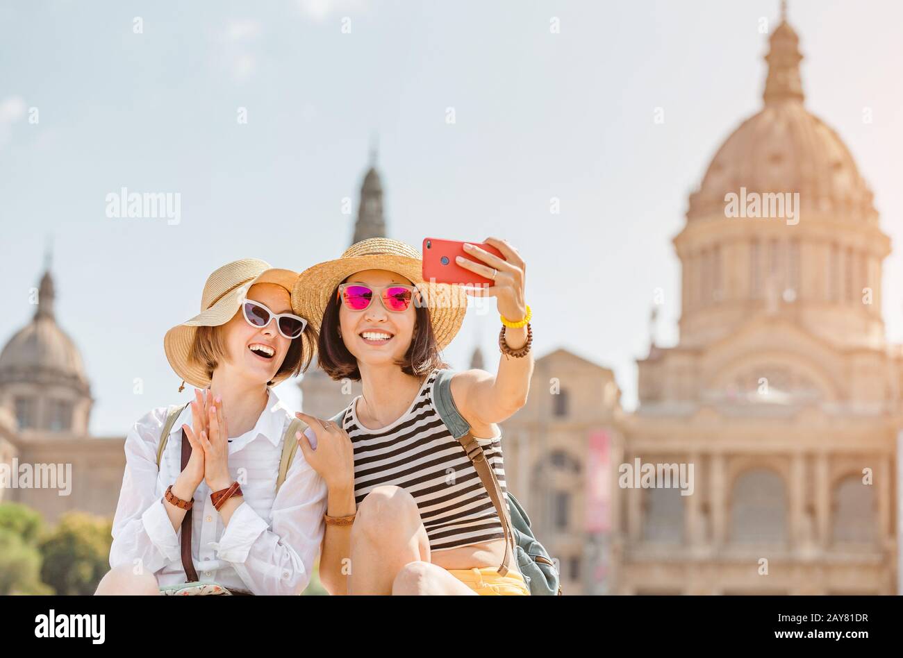 Two young happy women tourists friends travel in Barcelona, Spain Stock ...