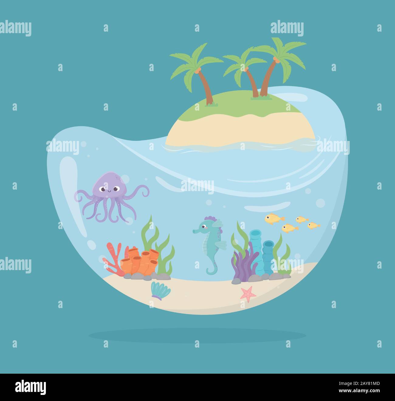 island octopus seahorse fishes reef water shaped tank under sea cartoon ...