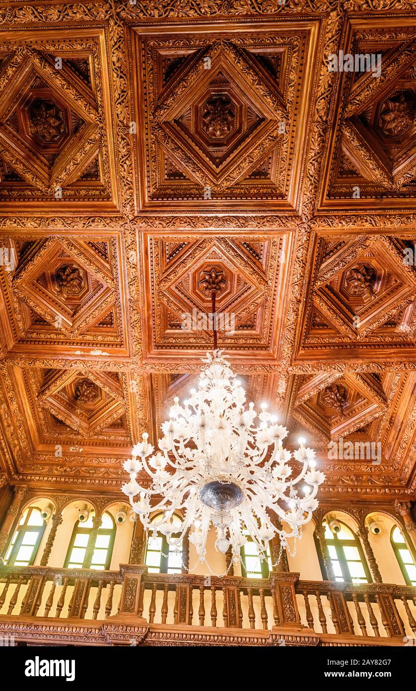 10 JULY 2018, BARCELONA, SPAIN: Wooden carved ceiling in Poble Espanyol ...