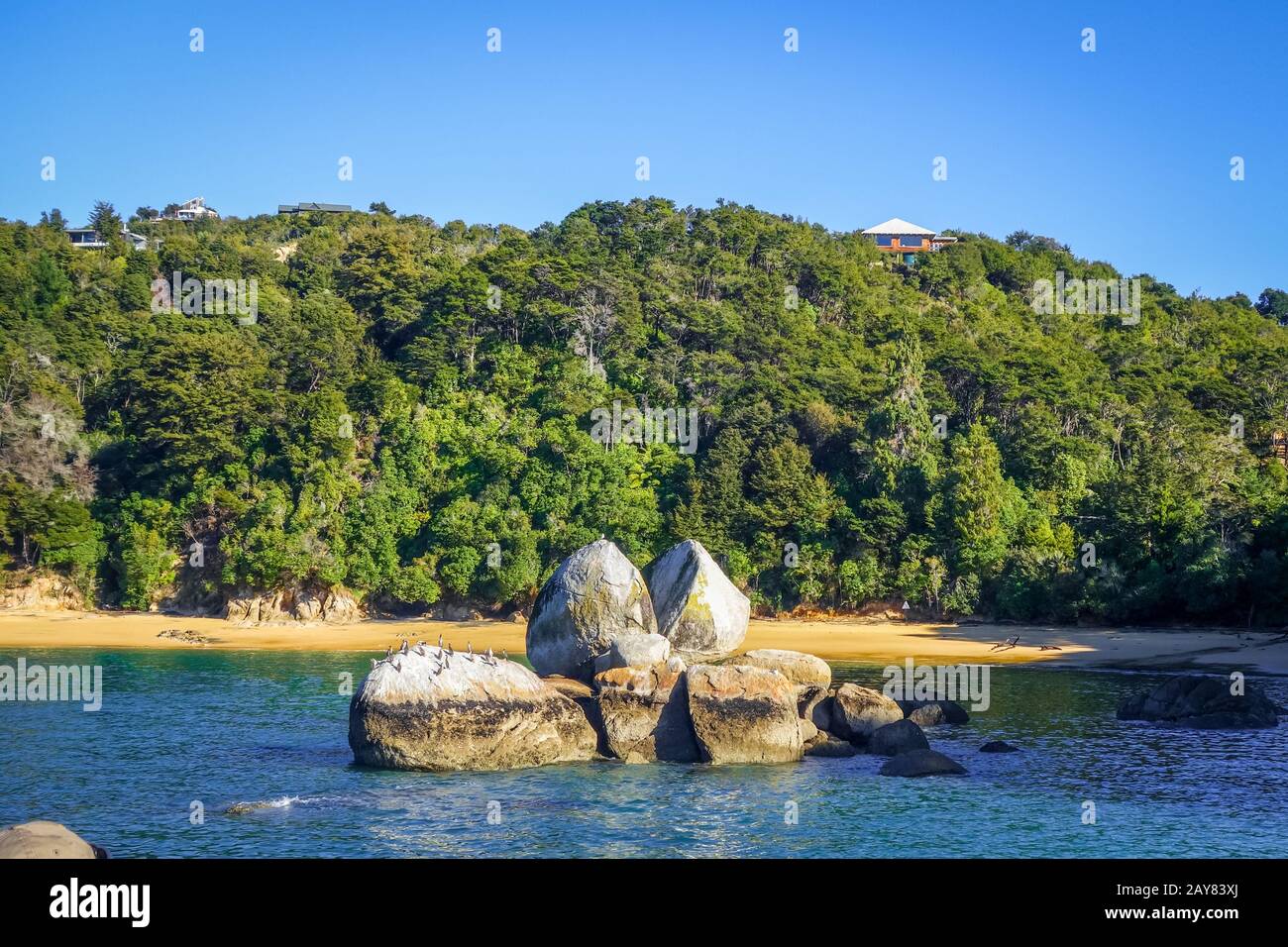 Round stone boulder in Abel Tasman National Park, New Zealand Stock ...