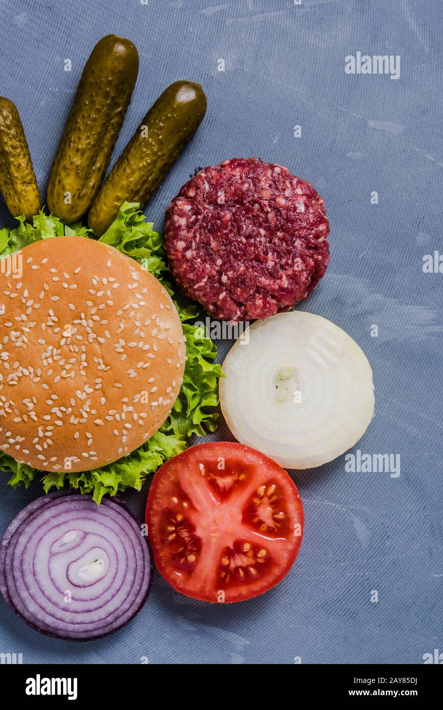 Hamburger ingredients, restaurant menu on white Stock Photo - Alamy