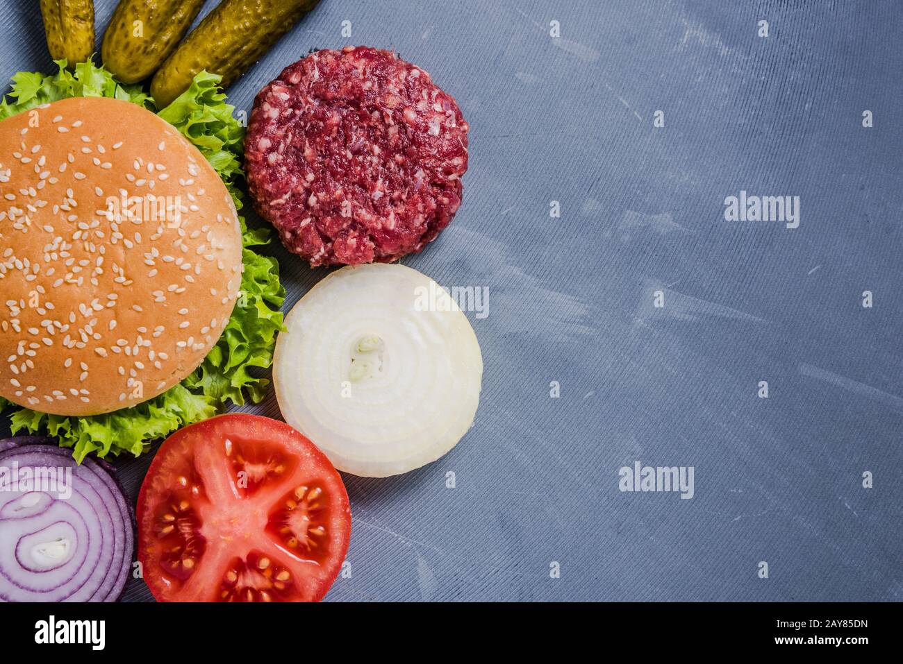 Hamburger ingredients, restaurant menu on white Stock Photo - Alamy