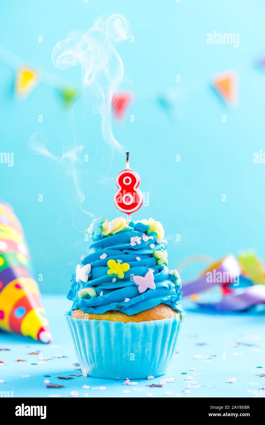 Eighth 8th birthday cupcake with candle blow out.Card mockup Stock ...