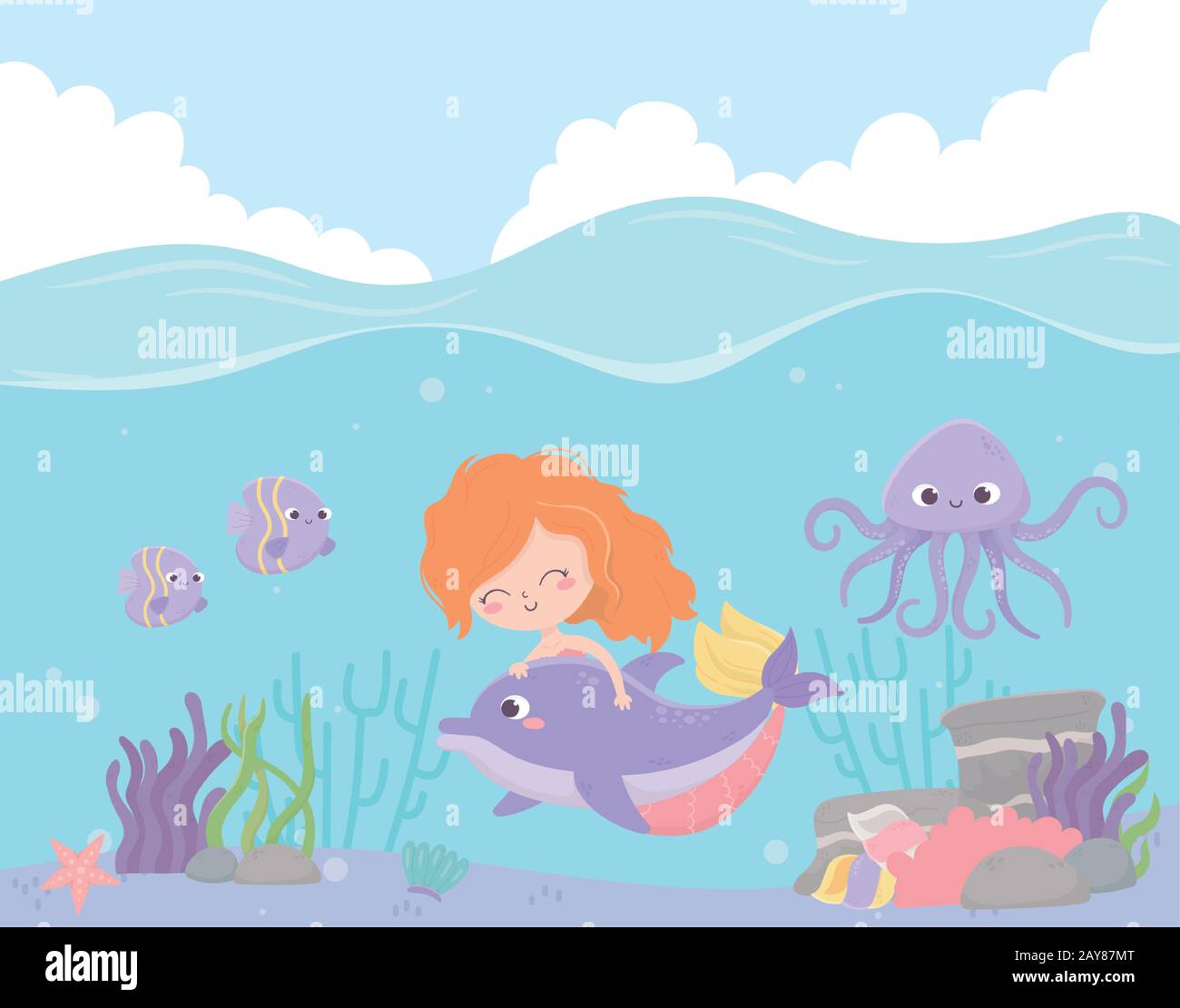 mermaid with dolphin octopus fishes coral cartoon under the sea vector ...