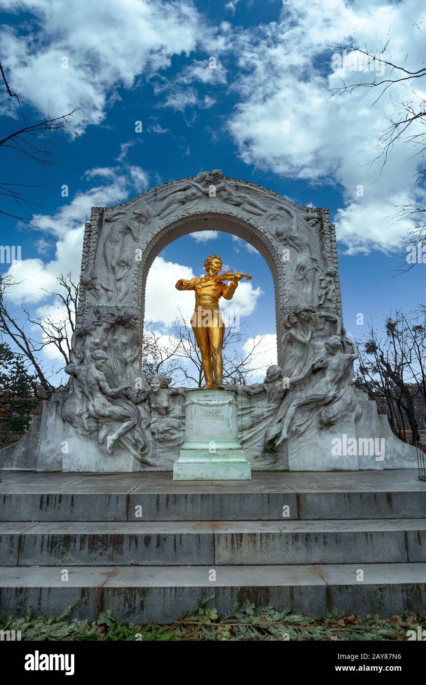 Gilded bronze monument of Johann Strauss in the Viennese City Park, one ...