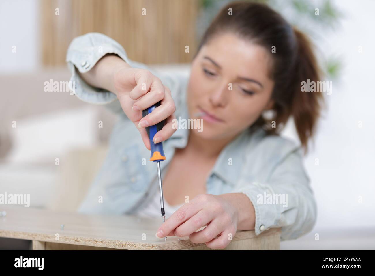 a woman screws a furniture Stock Photo - Alamy