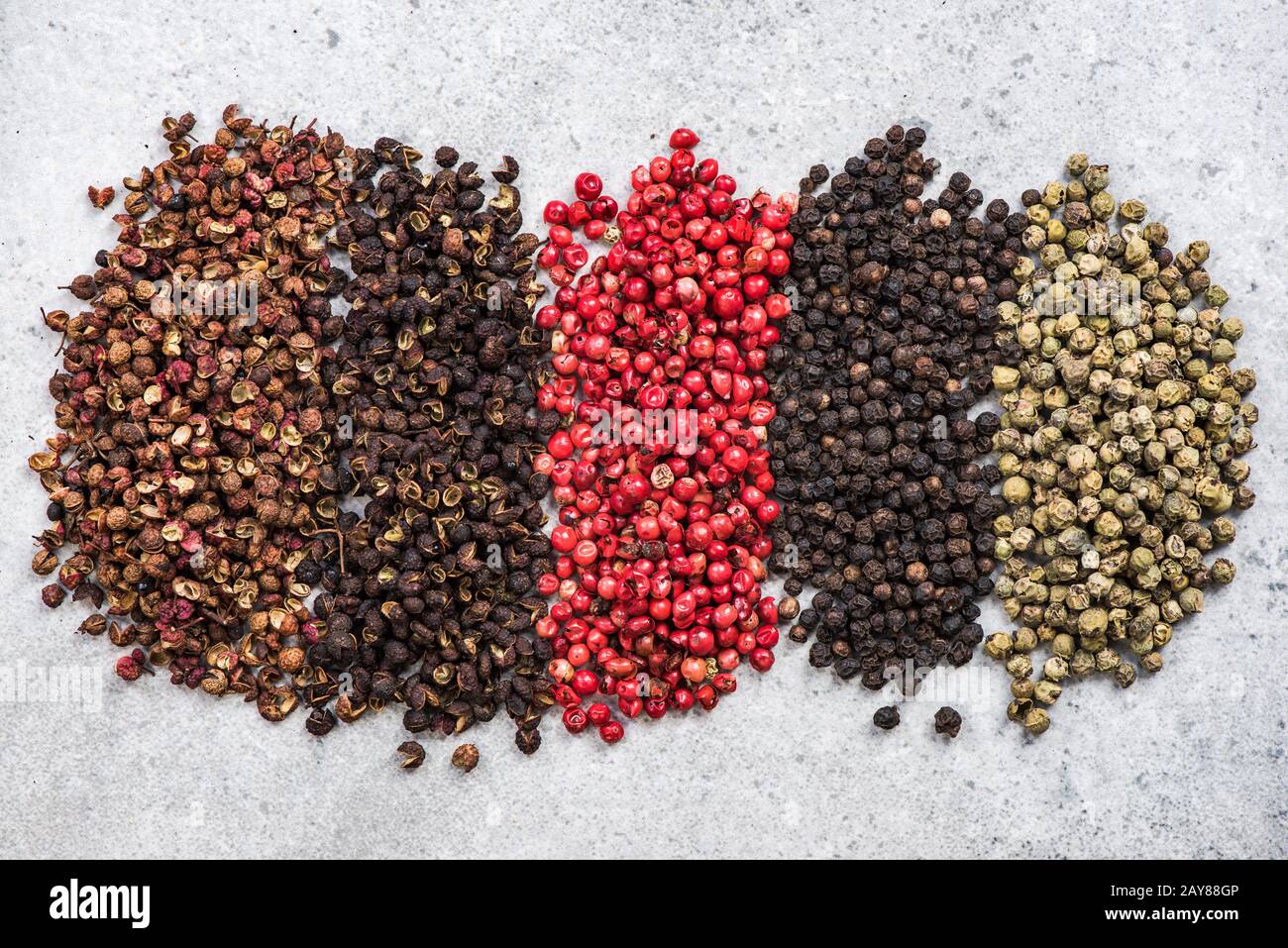 Five pepper colors and varieties background Stock Photo - Alamy