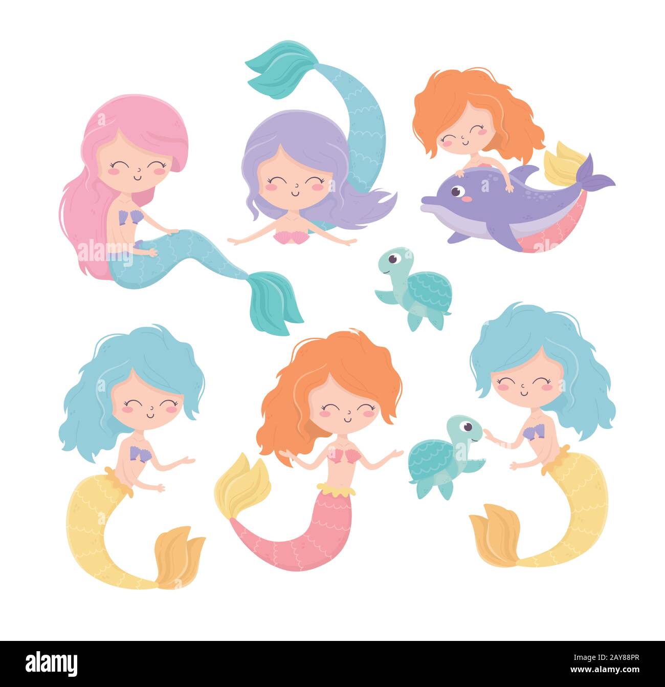 mermaids turtles dolphin cartoon under the sea vector illustration ...