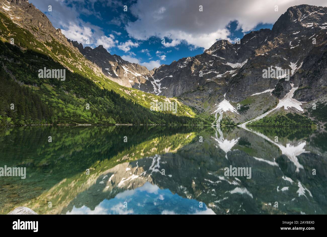 mirror reflection of mountains peaks in alpine lake Stock Photo - Alamy
